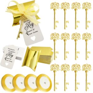 wodegift 100 pcs skeleton key bottle opener,wedding favors souvenir gift for guests with escort card thank you tag pillow box and satin ribbon(gold)