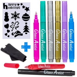 glass artist wine glass markers - 8 pack | 8 metallic color pens with stencils & cleaning cloth | washable & erasable | great for parties, baby showers, weddings or any occasions | for adults