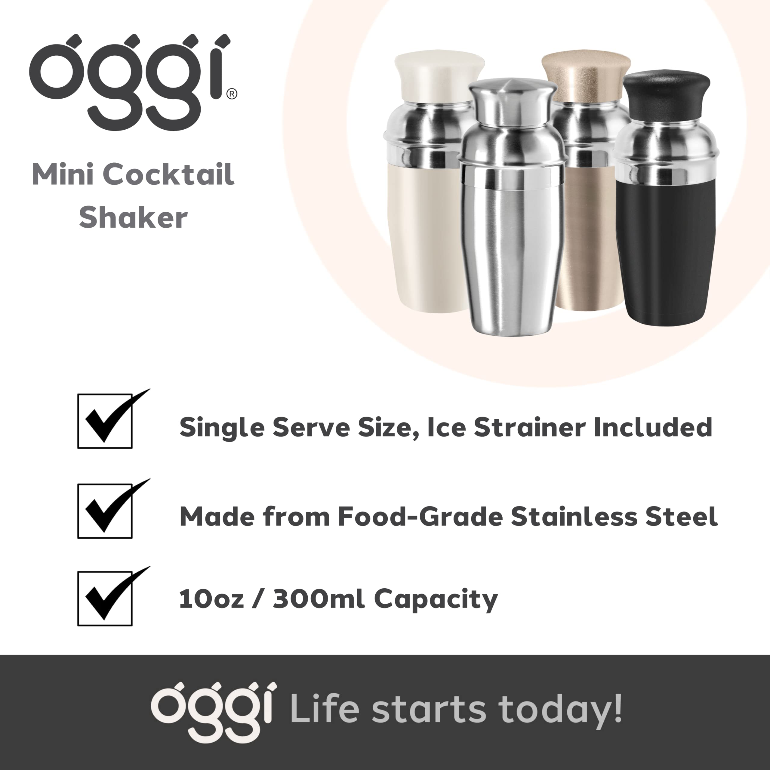 OGGI Mini Cocktail Shaker 10oz - Gold, Stainless Steel - Ideal Single Serve Martini Shaker, Great Small Size Suitable for Mini Bar, On the Go, Travel, RV, Camping