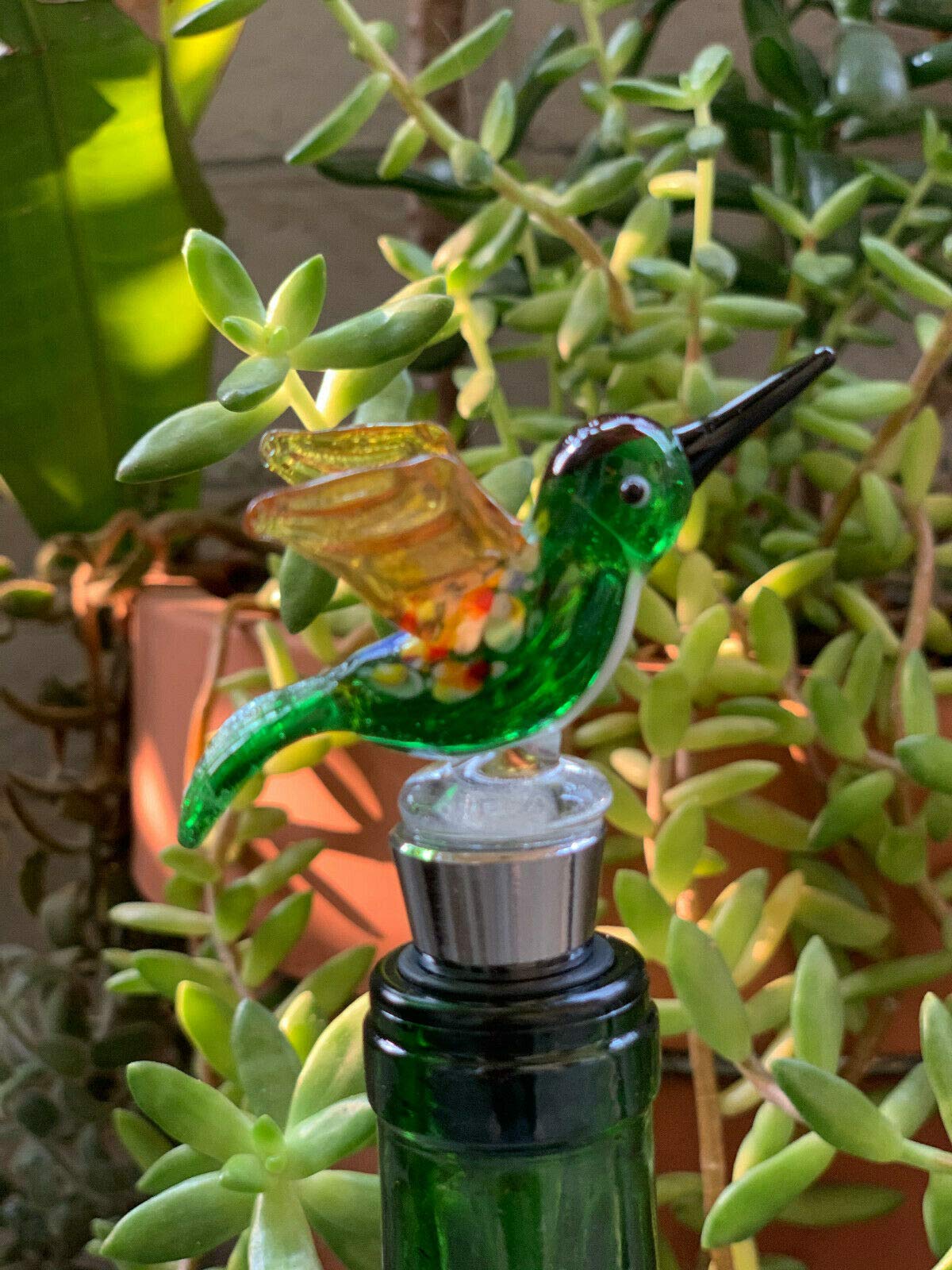 Stainless Steel Wine Bottle Stopper with Hand Made Glass Figurine (Hummingbird)