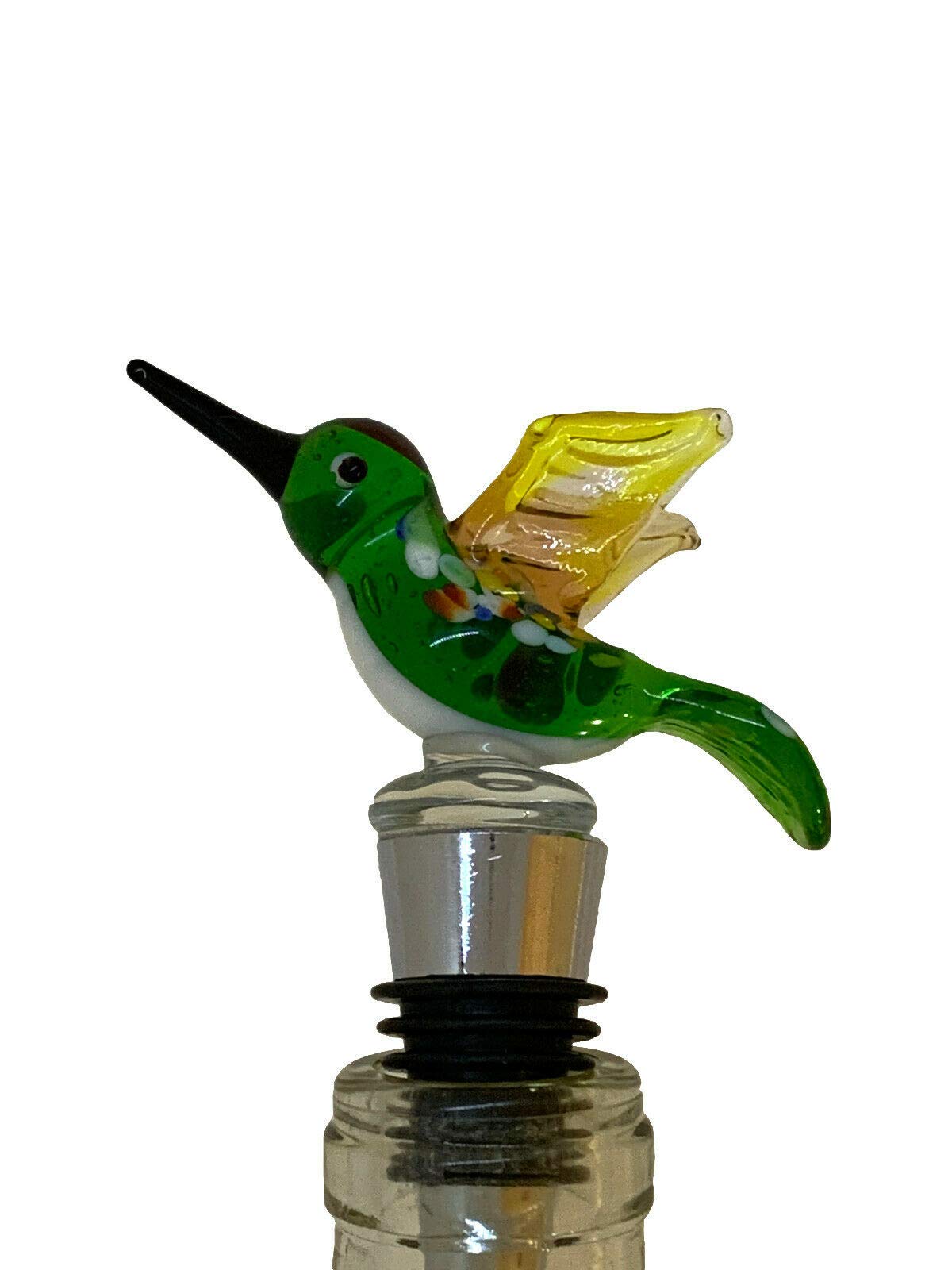 Stainless Steel Wine Bottle Stopper with Hand Made Glass Figurine (Hummingbird)