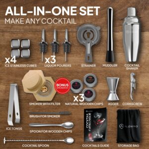 Alonino Bartender Cocktail Kit & Smoking Kit - Bartender Kit & Cocktail Shaker, Whiskey & Cocktail Shaker Set - Whiskey Smoker Cocktail Set for Drinks, Old Fashioned Cocktail Smoker - 21 Piece Bar Set