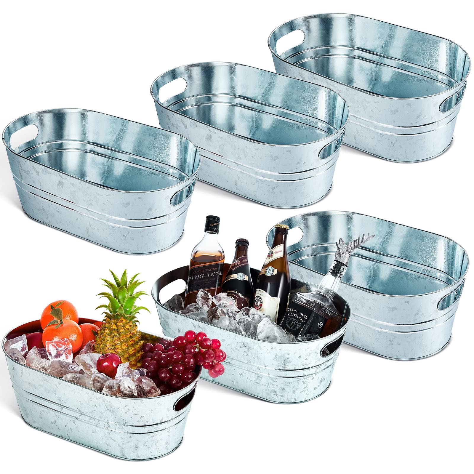 6 Pieces 4 Gallon Large Ice Buckets Beverage Tubs for Parties Galvanized Metal Drink Tin Bins for Beer Wine Champagne Cocktail Cooler for Christmas Halloween Wedding Bar (Silver,Novel)