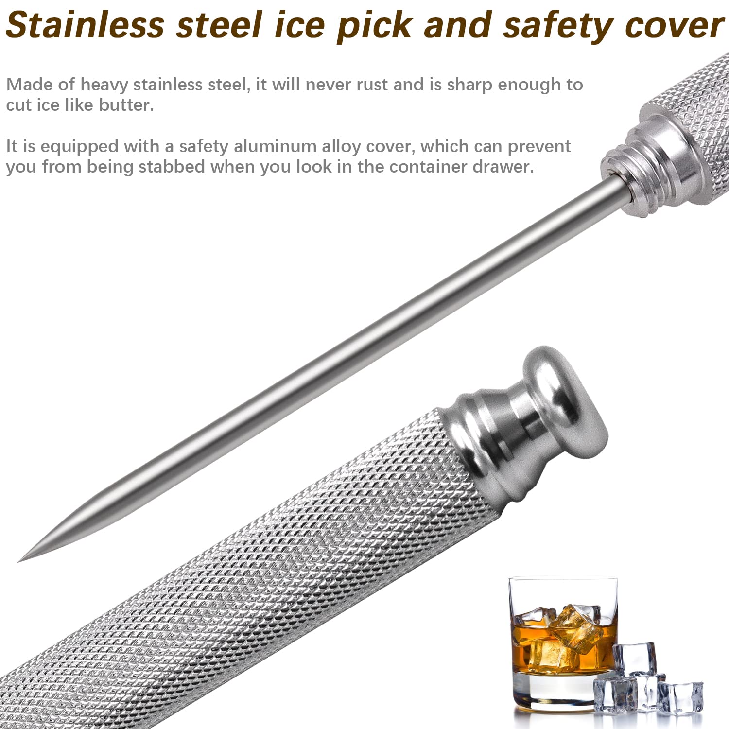 JINBAZO Ice Pick with Safety Cover, Aluminium Alloy Handle Stainless Steel Knife With Pick Tool for Breaking Ice, Non-slip Antiskid Handle for Easy to Grip (Silver)