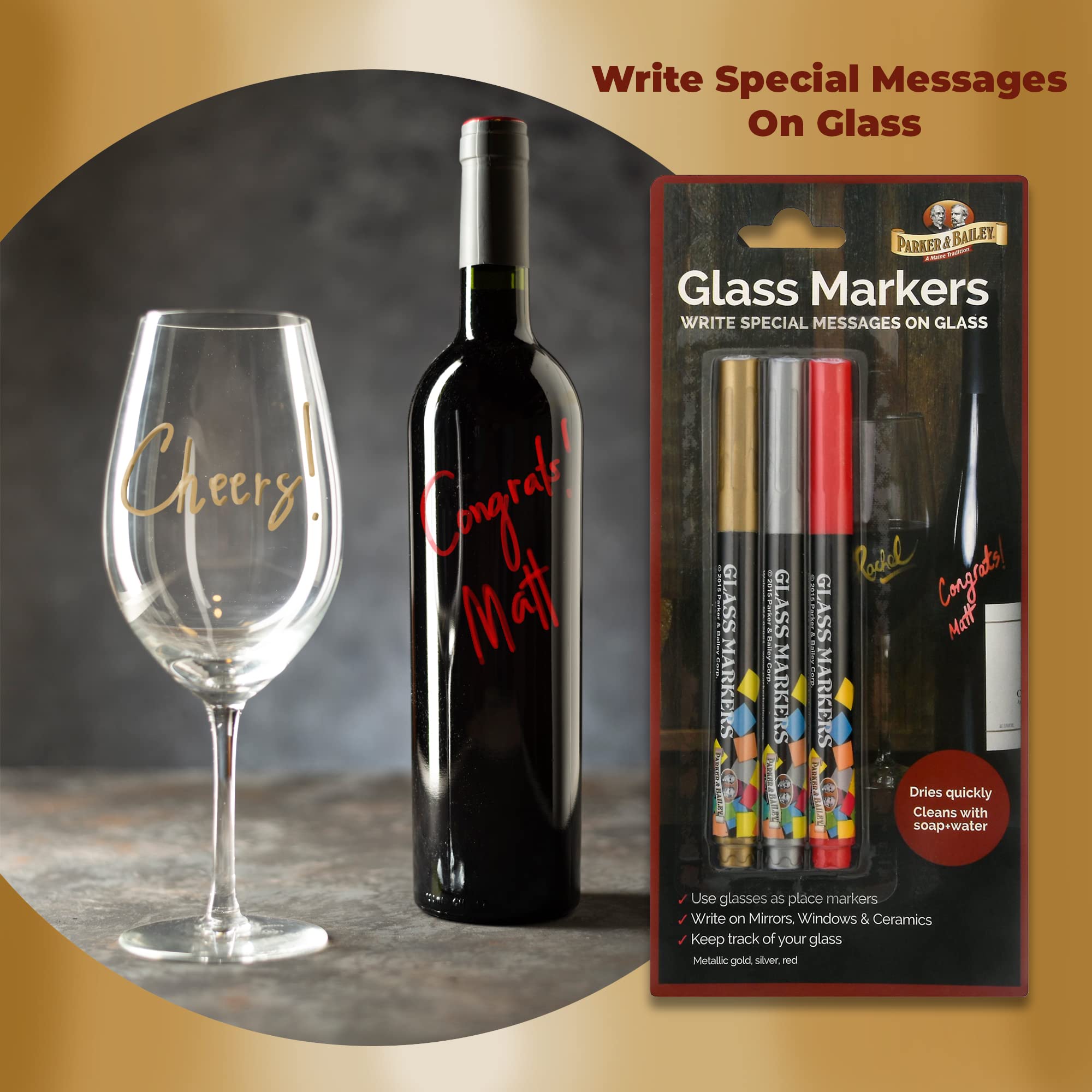 Parker & Bailey Glass Markers - Metallic Markers Wine Glass Markers Washable Wine Markers for Window Mirror Ceramics Drink Glasses Bottles Non-Toxic Glass Pens Gold Silver Red Markers - 3 Pack