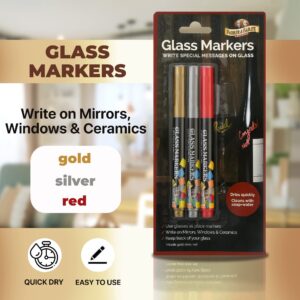 Parker & Bailey Glass Markers - Metallic Markers Wine Glass Markers Washable Wine Markers for Window Mirror Ceramics Drink Glasses Bottles Non-Toxic Glass Pens Gold Silver Red Markers - 3 Pack