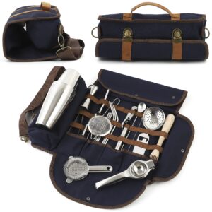 travel bartender kit bag, traveling bar set, portable mixology sets, 23 pieces, dark blue, silver, professional bartending accessories, starter cocktail mixer, mobile barware tool kitbag | houseables