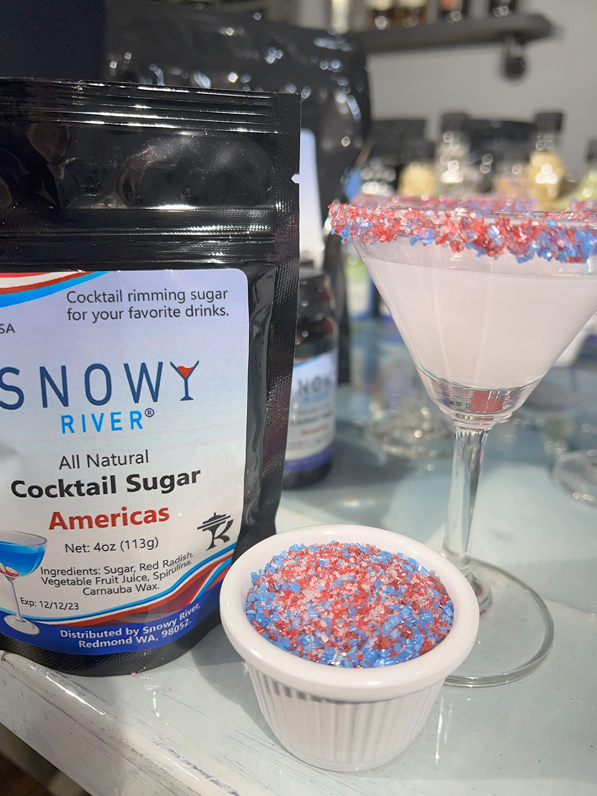 Snowy River Americas Cocktail Sugar - Kosher All Natural Red, White, and Blue Cocktail Rimmer and Coffee Rimmer (Americas, 4oz Bag)