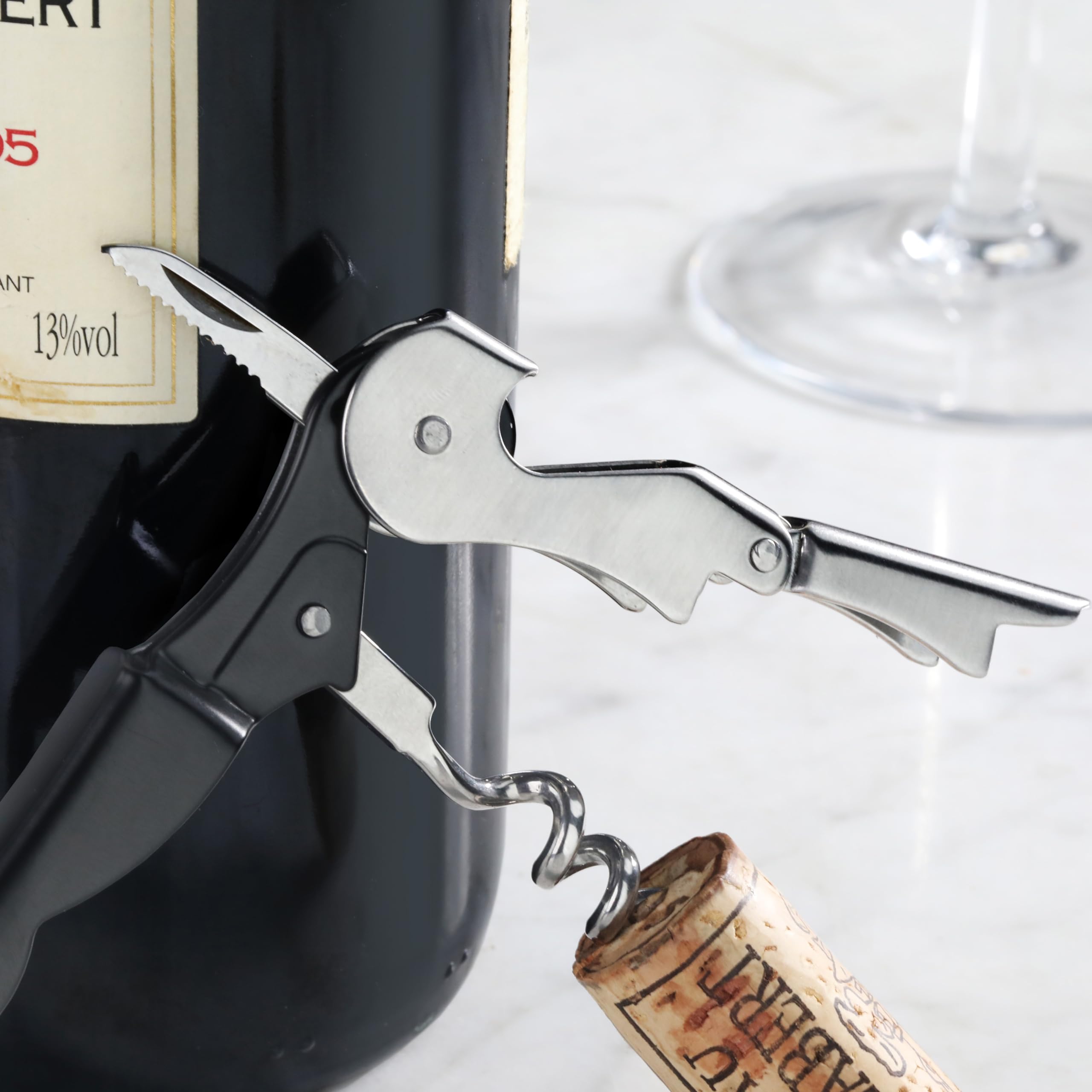 New Star Foodservice 48223 Folding Waiters Wine Bottle Corkscrew Beer Cap Opener with Plastic Bird Style Handle, Black