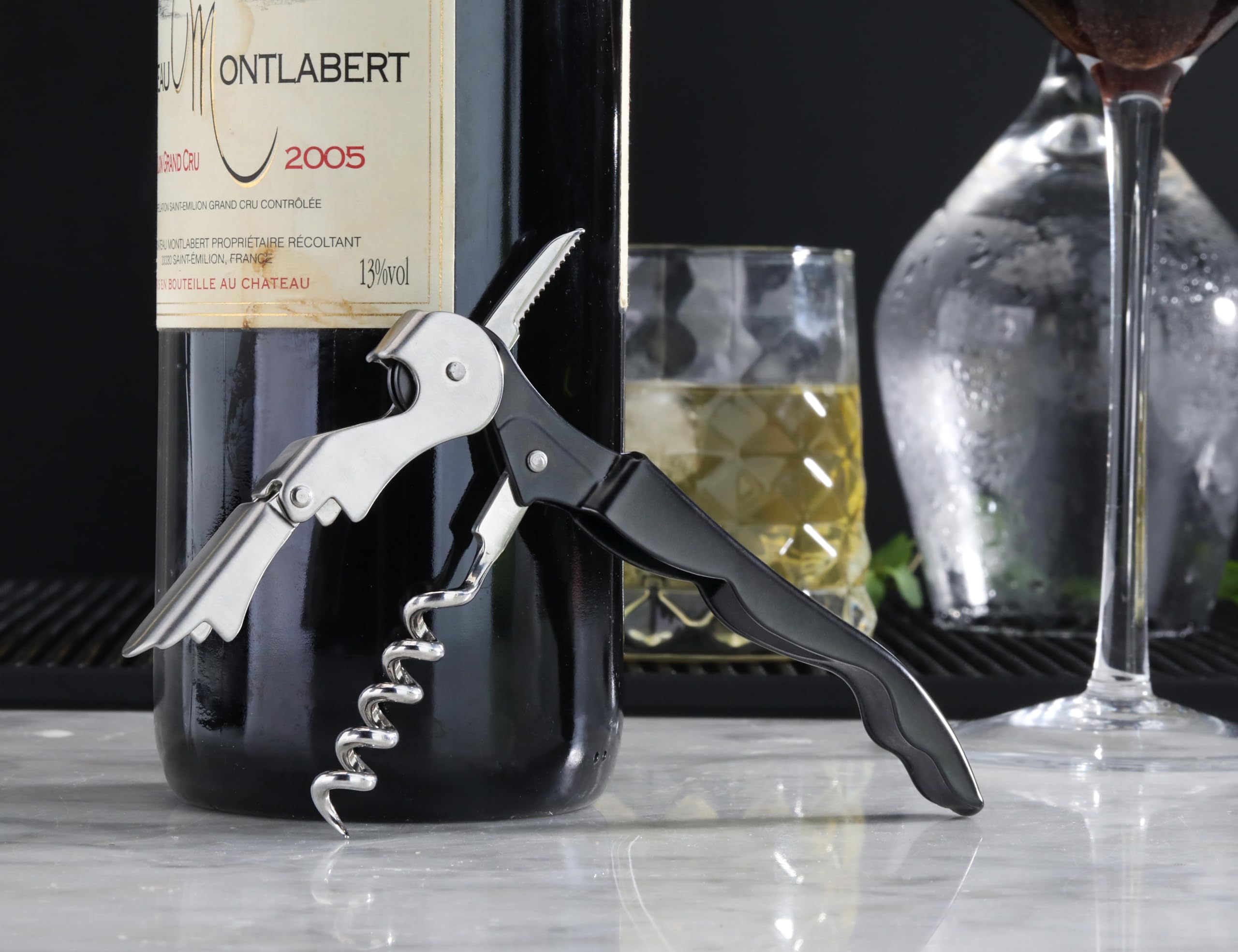 New Star Foodservice 48223 Folding Waiters Wine Bottle Corkscrew Beer Cap Opener with Plastic Bird Style Handle, Black