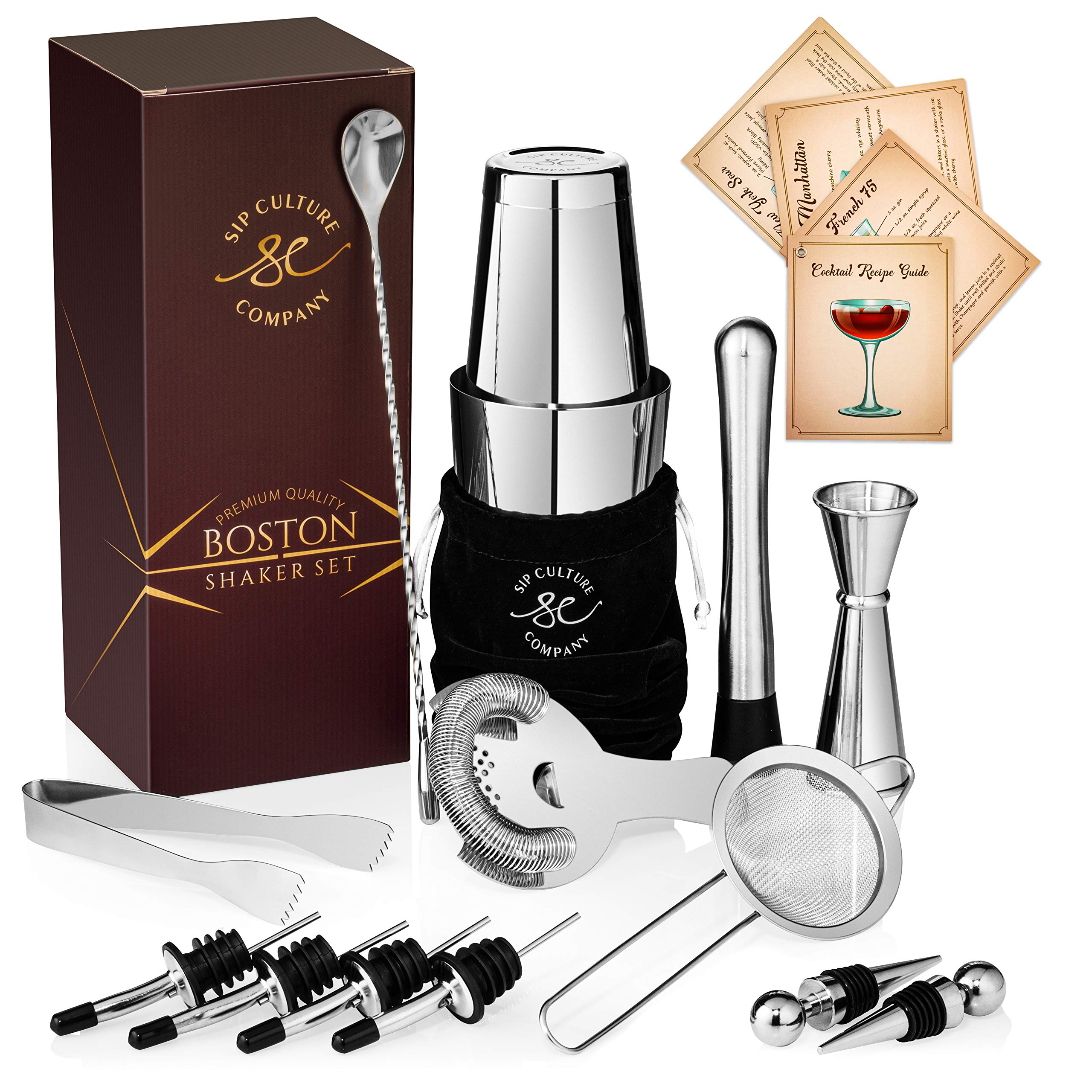 16-piece Pro Cocktail Set with Weighted Boston Shaker. Dishwasher Safe. Includes Stainless Steel Full-Service Bar Tools with Easy-Open Drink Shaker, Recipe Guide & Carry Bag