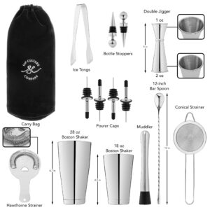 16-piece Pro Cocktail Set with Weighted Boston Shaker. Dishwasher Safe. Includes Stainless Steel Full-Service Bar Tools with Easy-Open Drink Shaker, Recipe Guide & Carry Bag