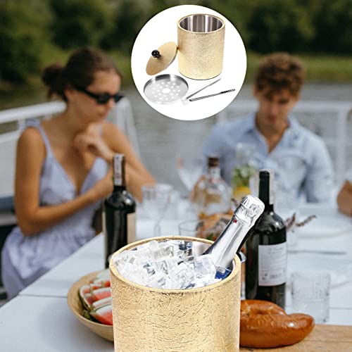 YARNOW Stainless Steel Ice Bucket with Lid and Ice Tong Ice Bucket Champagne Wine Bucket for Cocktail Bar Whisky Wine Gold