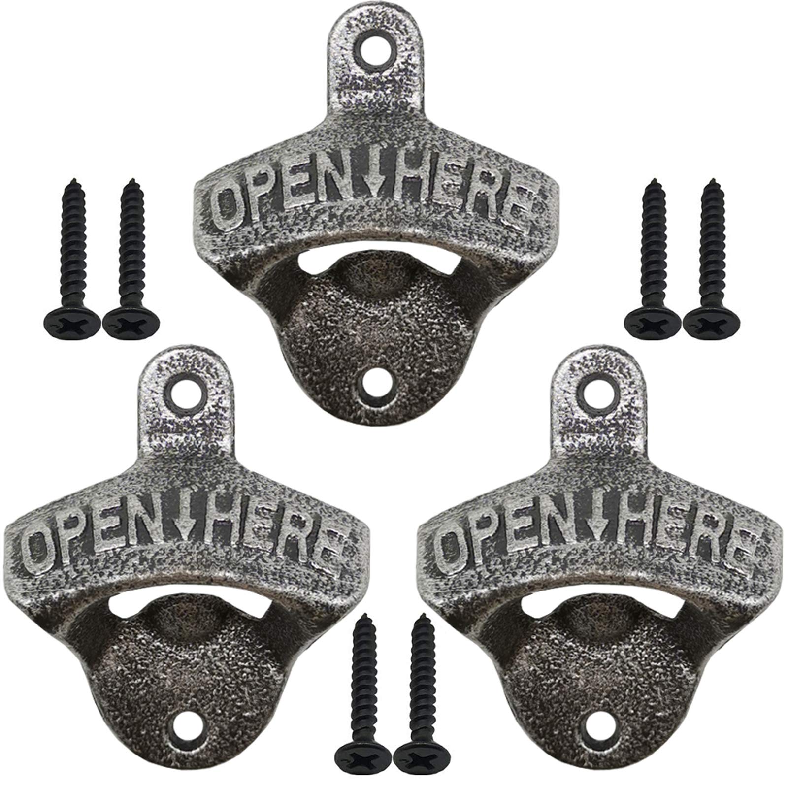 3PCS Cast Iron Wall Mounted Bottle Opener Vintage Beer Bottle Opener Suitable for Bars KTV Hotels Homes (Silver)