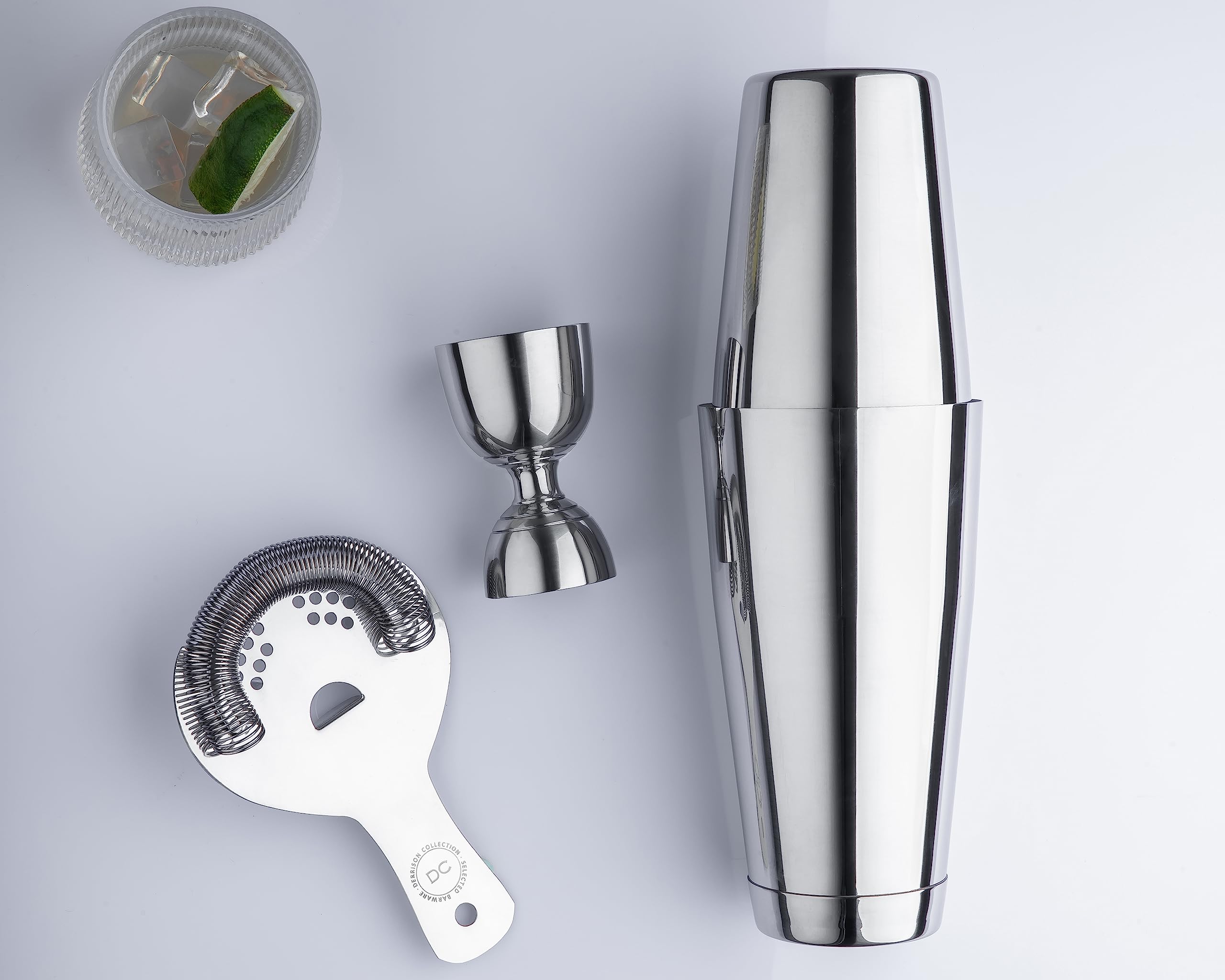 Derrison Boston Shaker Set: 18oz & 28oz Premium Weighted and Unweighted Cocktail Shaker Set with Hawthorne Strainer, Heavy Duty Stainless Steel Bar tools