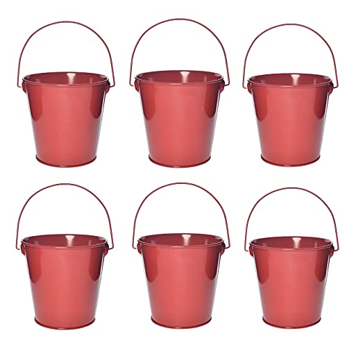 TAKMA Colored Metal Buckets with Handle - 6 Pack 6 Inch Galvanized Iron Pail Bucket for Kids,Classroom,Crafts,and Party Favors (Red, 6" Top)