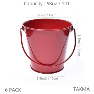 TAKMA Colored Metal Buckets with Handle - 6 Pack 6 Inch Galvanized Iron Pail Bucket for Kids,Classroom,Crafts,and Party Favors (Red, 6" Top)