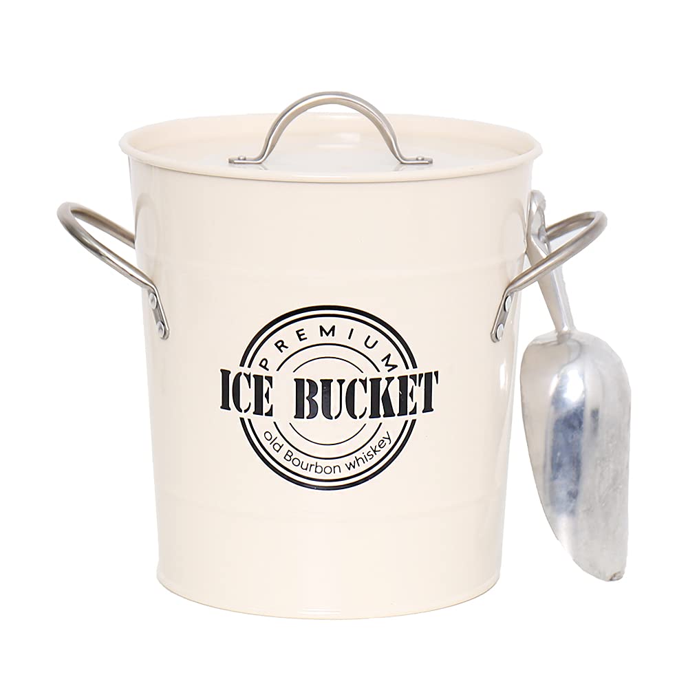 Home by Jackie Inc T586A 4L Cream White Metal Galvanized Double Walled Ice Bucket Set with Lid and Scoop