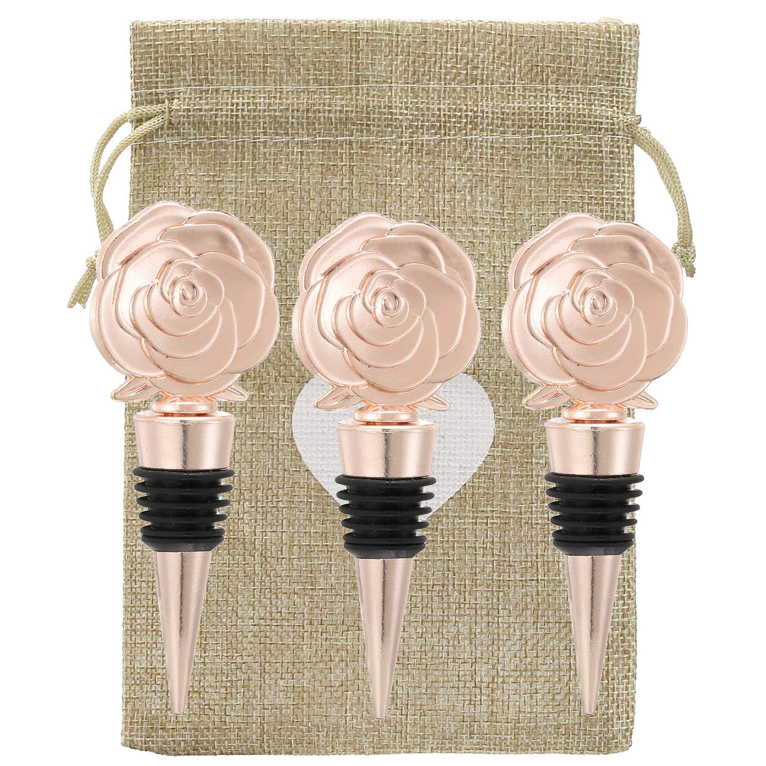 3PCS Wine and Beverage Rose Stopper Rose Gold Bottle Stoppers Keep Wine Fresh With Heart Burlap Bag Holiday Party,Wedding Birthday Party Decor Wine Stoppers Wine Lovers Funny Gifts (Rose Stopper, 3)