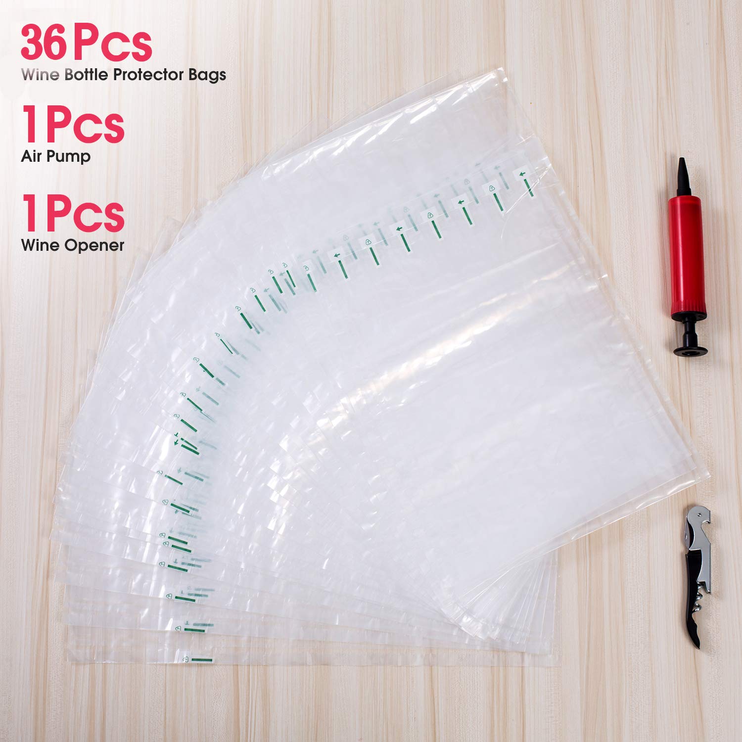 36 PCS Wine Bottle Protector Gas Column Wrap Bags Sleeves Glass Travel Transport Air filled Column Leakproof Cushioning with the Gift Air Pump and A Wine Opener