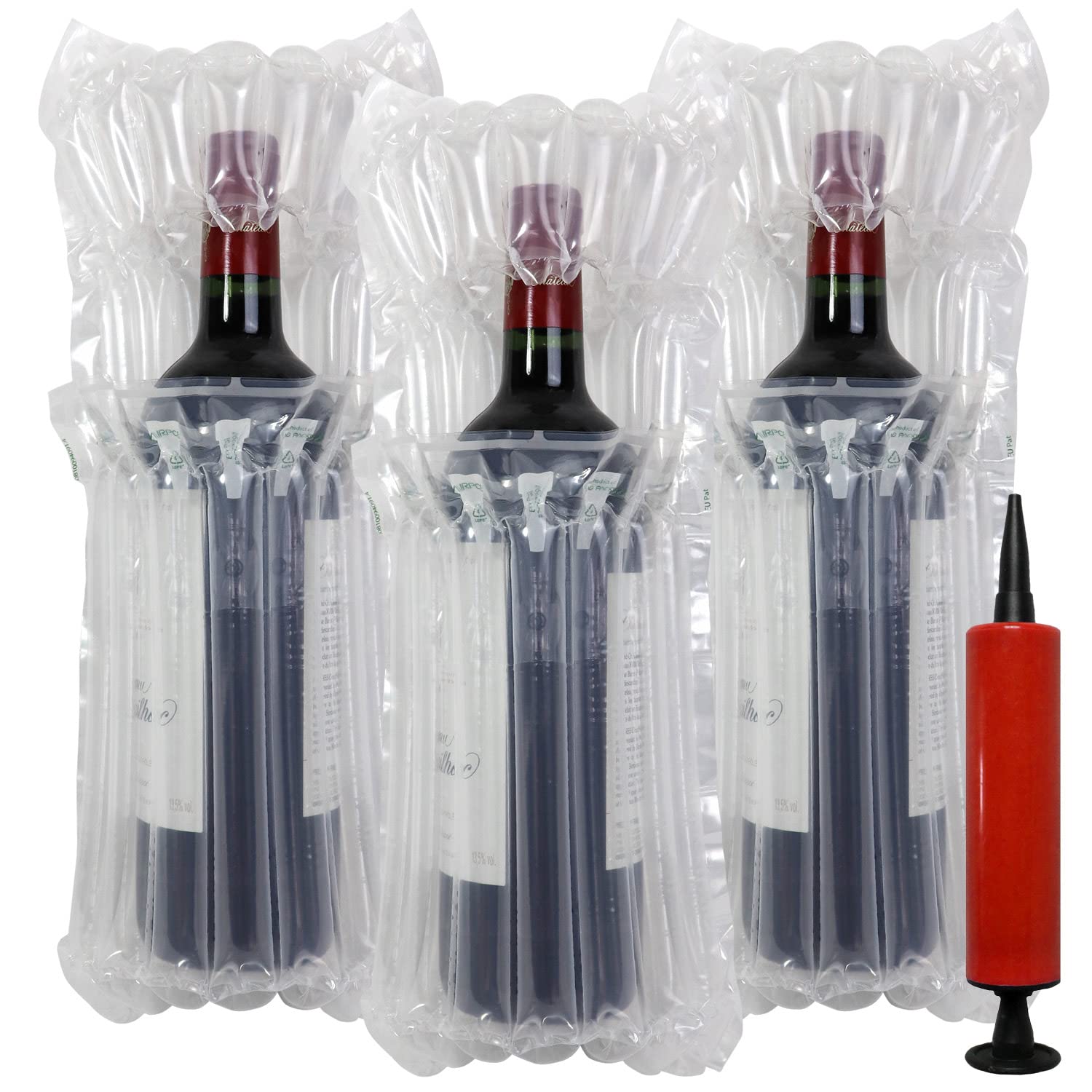 Wine Bottle Protector Bags - Inflatable Air Column Cushioning Sleeves Packaging Ensures Safe Transportation of Glass Bottles during Travel or Shipping with Free Pump (15 Pack)