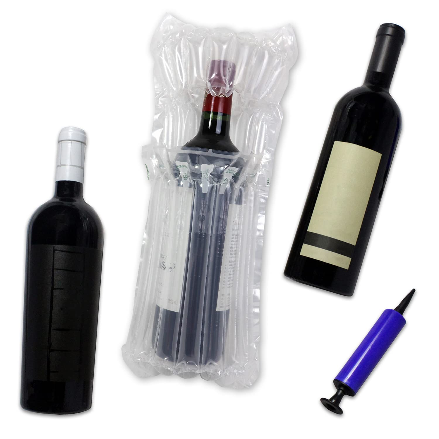 Wine Bottle Protector Bags - Inflatable Air Column Cushioning Sleeves Packaging Ensures Safe Transportation of Glass Bottles during Travel or Shipping with Free Pump (15 Pack)