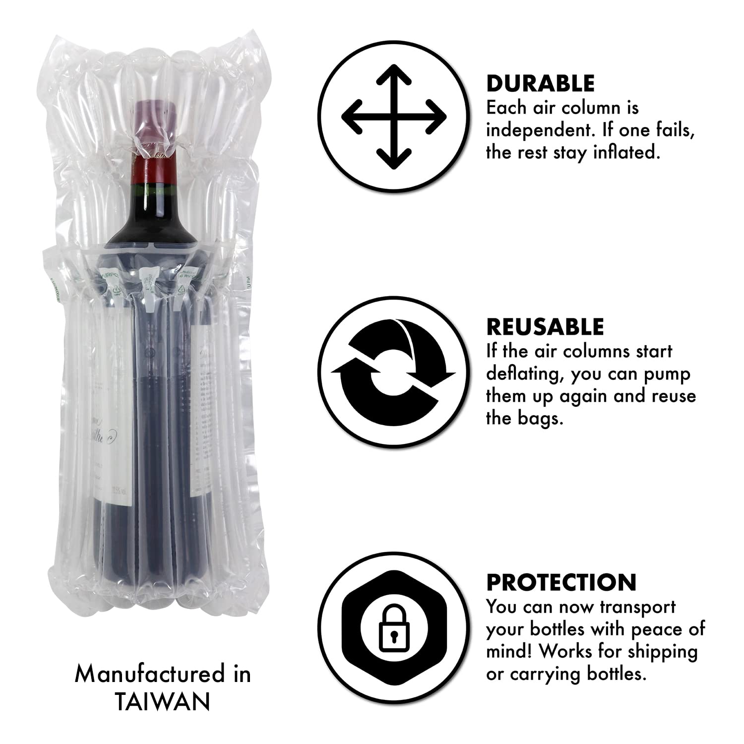 Wine Bottle Protector Bags - Inflatable Air Column Cushioning Sleeves Packaging Ensures Safe Transportation of Glass Bottles during Travel or Shipping with Free Pump (15 Pack)