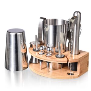 esmula bartender kit with stylish bamboo stand, 12 piece 20oz/25oz boston cocktail shaker set for mixed drink, professional stainless steel bar tool set, gift for man dad- cocktail recipes booklet