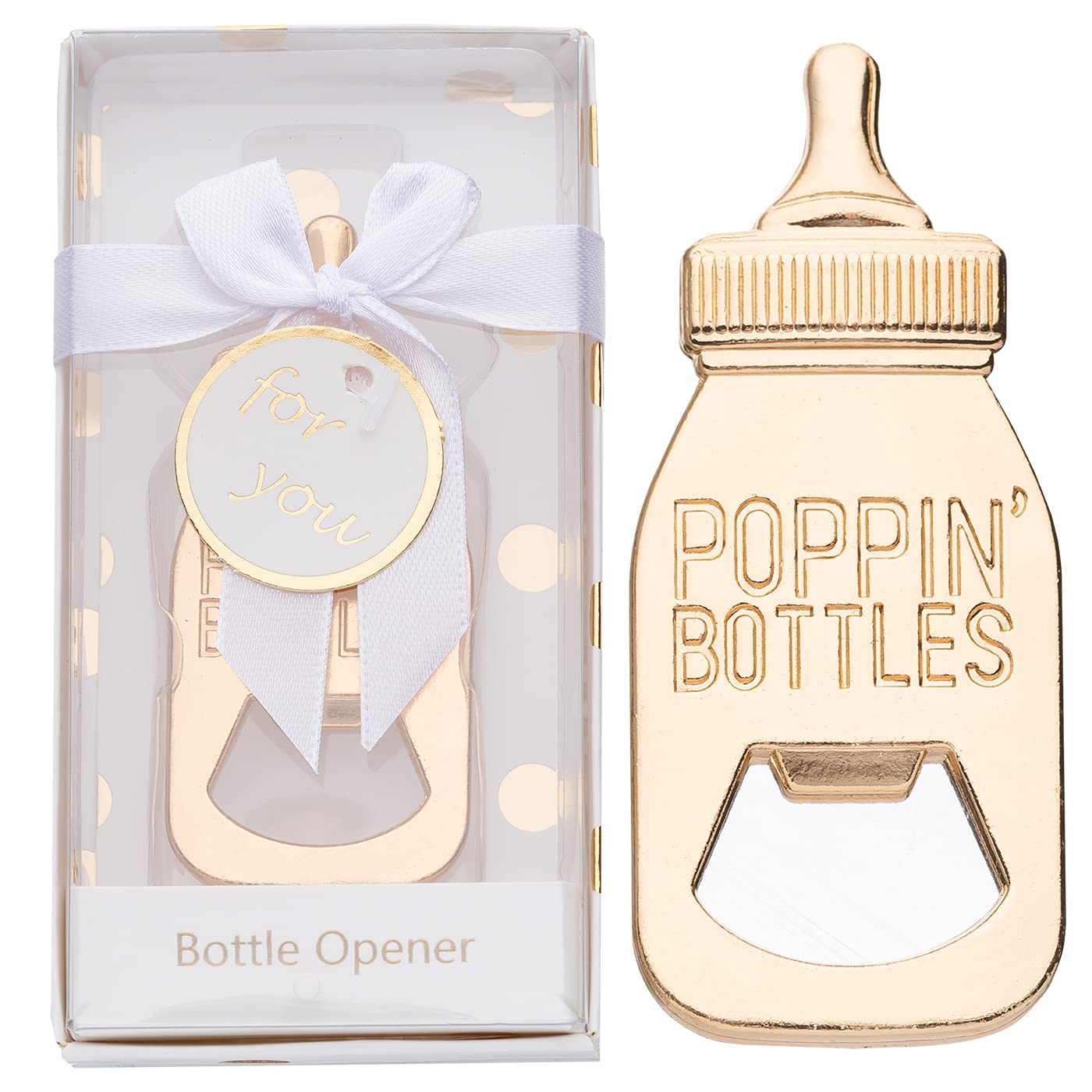 24Packs Golden Baby Bottle Openers for Baby Shower Favors Gifts, Decorations Souvenirs, Poppin Bottles Openers with Exquisite Gifts Box used for Guests Gender Reveal Party Favors (white, 24)