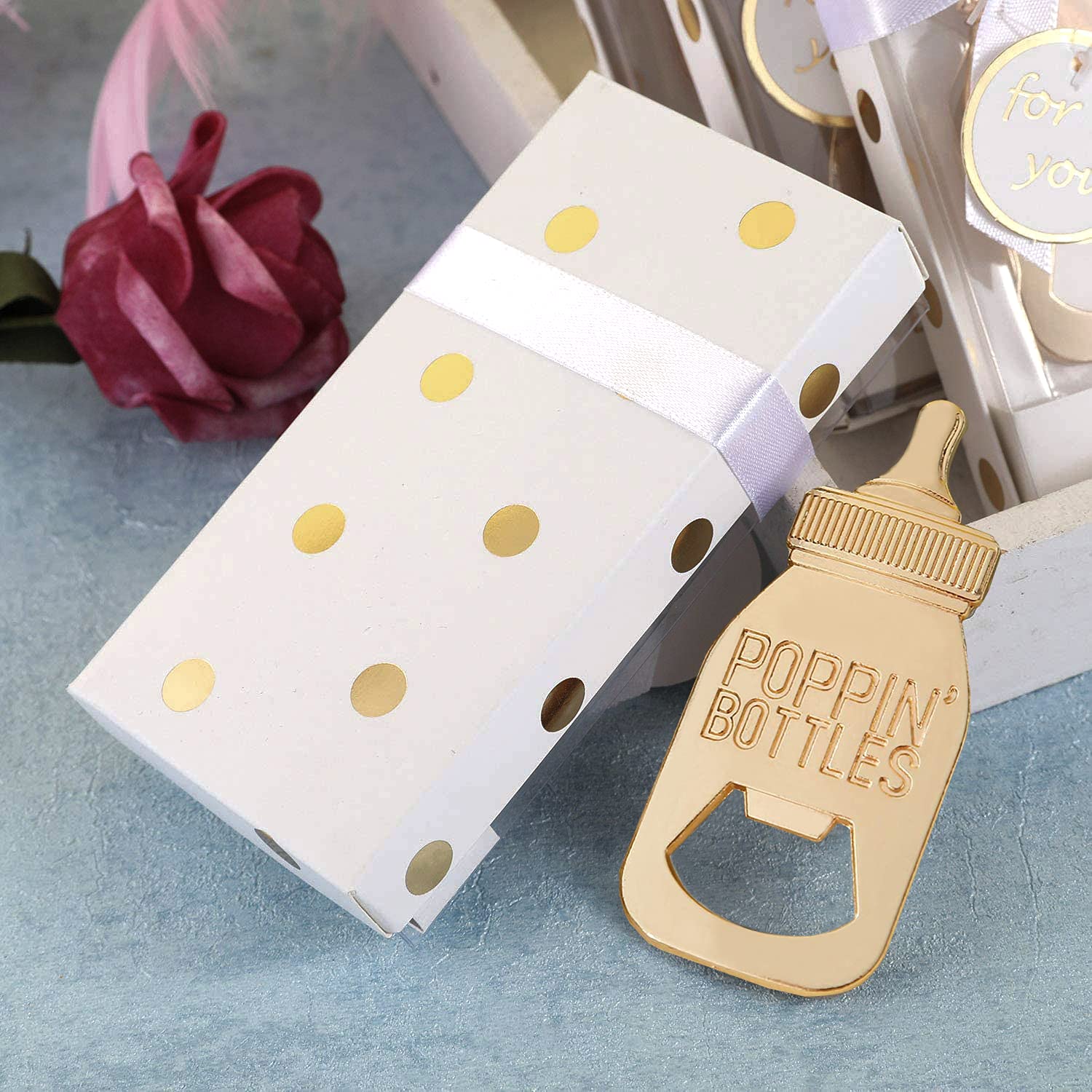 24Packs Golden Baby Bottle Openers for Baby Shower Favors Gifts, Decorations Souvenirs, Poppin Bottles Openers with Exquisite Gifts Box used for Guests Gender Reveal Party Favors (white, 24)