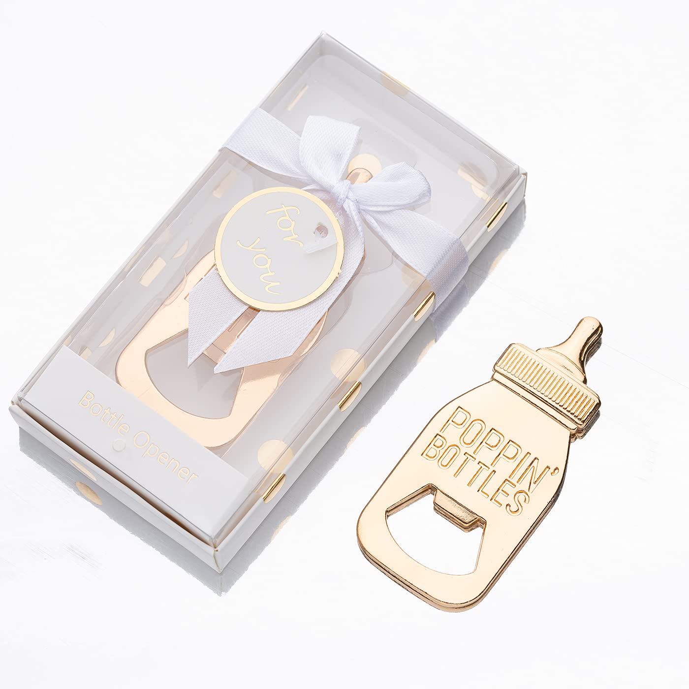 24Packs Golden Baby Bottle Openers for Baby Shower Favors Gifts, Decorations Souvenirs, Poppin Bottles Openers with Exquisite Gifts Box used for Guests Gender Reveal Party Favors (white, 24)