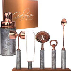 Galrose Dezigns Cocktail Shaker Set - 6 Bar Tools Bar Accessories Rustic Galvanized Iron Bar Set Rose Gold Trim - Mixology Bartender Kit with Stand. Unique Gift for 6th Iron Anniversary for Couple