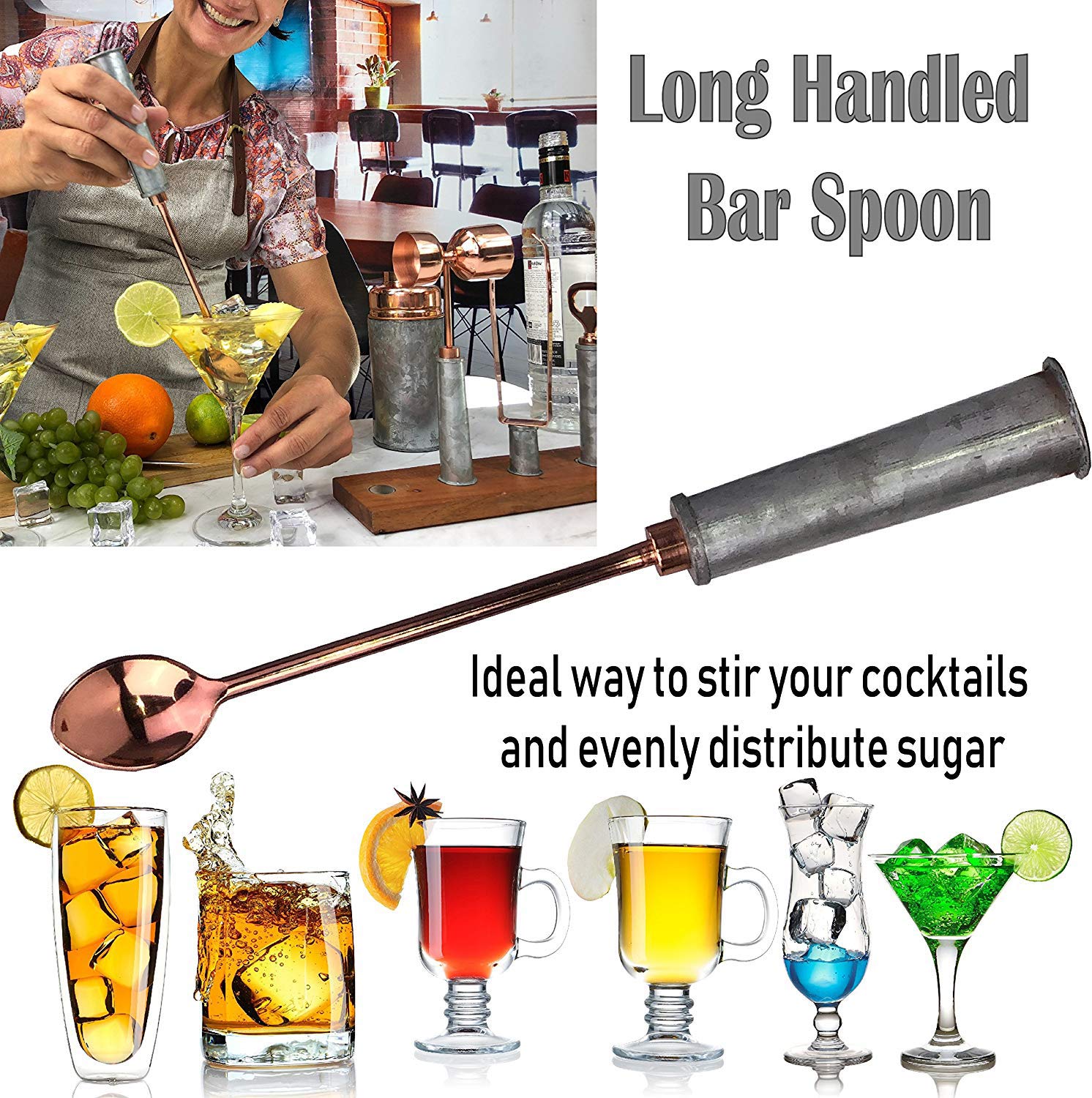 Galrose Dezigns Cocktail Shaker Set - 6 Bar Tools Bar Accessories Rustic Galvanized Iron Bar Set Rose Gold Trim - Mixology Bartender Kit with Stand. Unique Gift for 6th Iron Anniversary for Couple