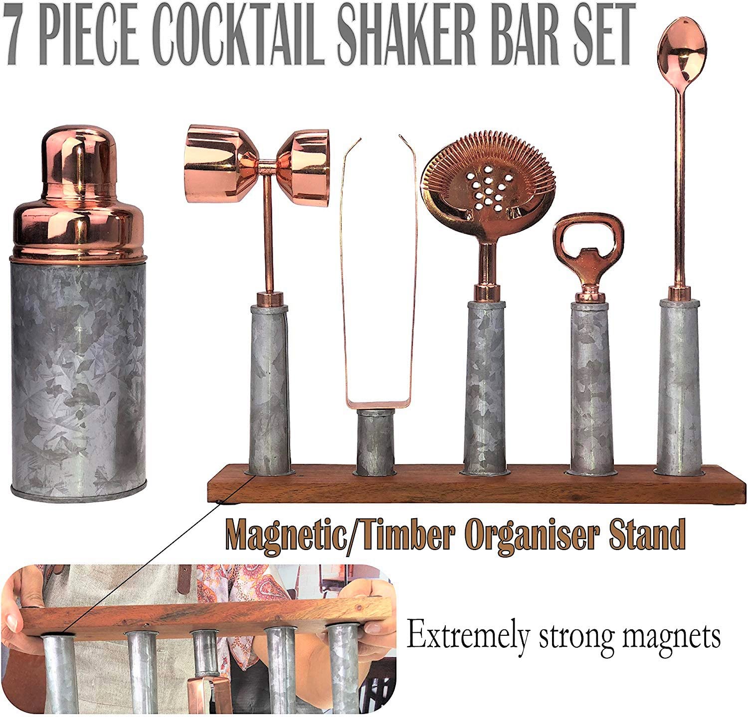 Galrose Dezigns Cocktail Shaker Set - 6 Bar Tools Bar Accessories Rustic Galvanized Iron Bar Set Rose Gold Trim - Mixology Bartender Kit with Stand. Unique Gift for 6th Iron Anniversary for Couple