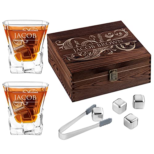 Maverton Whisky Stones and 2 Engraved Glasses for Man - Set of 8 Stones in Customized Box for Birthday - Chilling Stones for Gentleman - Personalized Whiskey Set for him - Name