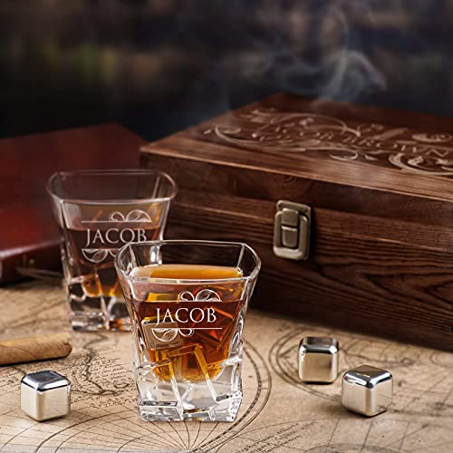 Maverton Whisky Stones and 2 Engraved Glasses for Man - Set of 8 Stones in Customized Box for Birthday - Chilling Stones for Gentleman - Personalized Whiskey Set for him - Name