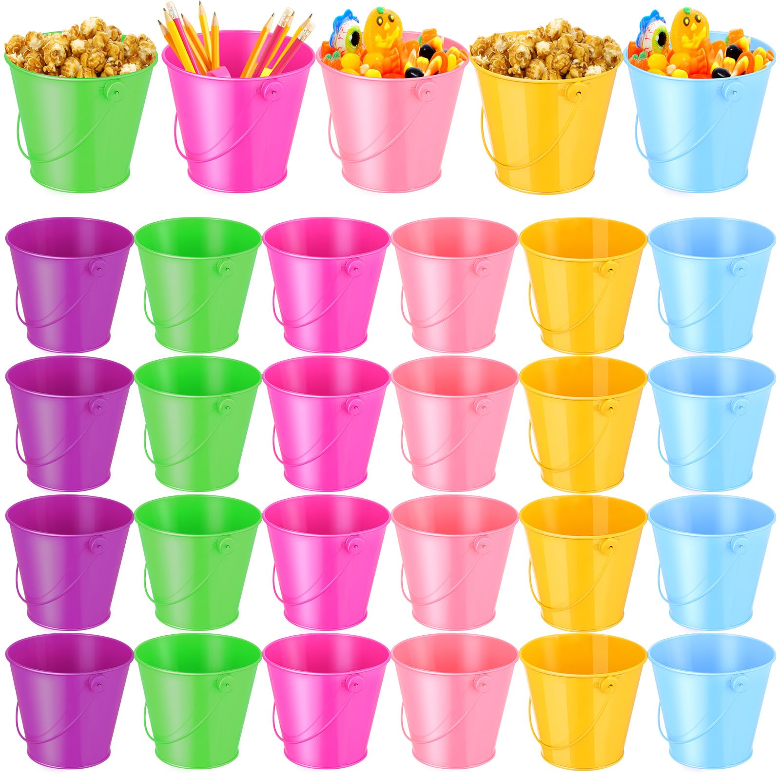 Yunsailing 24 Pcs Metal Bucket 4.1 x 4.7 Inch Mini Easter Buckets with Handle Small Iron Pail Colored Galvanized Bucket for Kids Plant Candy Bars Vase Favor Crafts Buckets for Easter Party Egg Hunts