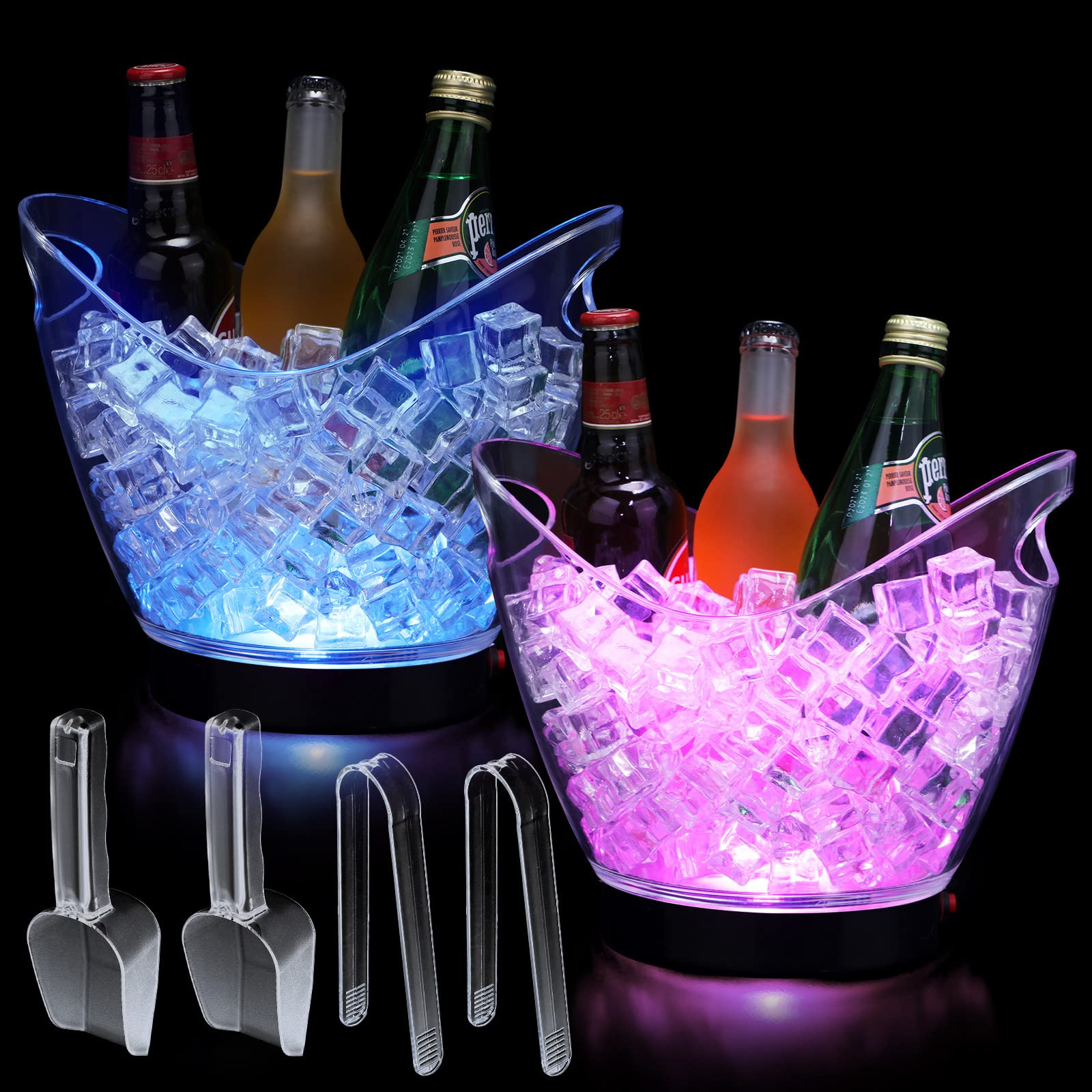 6 Pcs LED Ice Bucket Bulk with Scoop and Tongs 4L LED Light Ice Bucket 7 Color Changing Ice Bucket Clear Acrylic Champagne Beer Wine Beverage Cooler Bucket for Party Bar Club KTV Restaurant Home