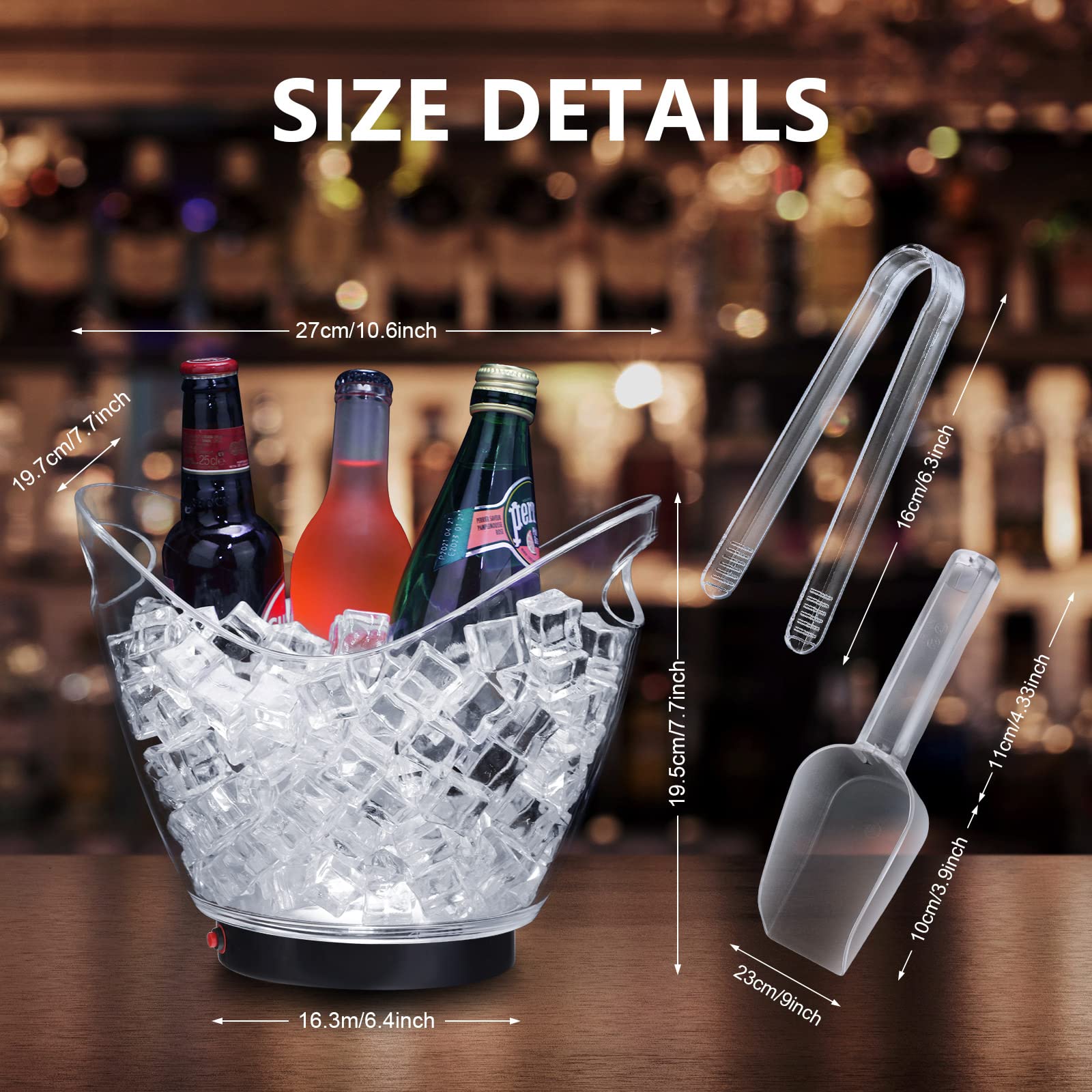 6 Pcs LED Ice Bucket Bulk with Scoop and Tongs 4L LED Light Ice Bucket 7 Color Changing Ice Bucket Clear Acrylic Champagne Beer Wine Beverage Cooler Bucket for Party Bar Club KTV Restaurant Home