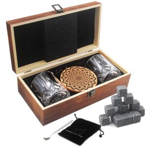 whiskey stones glass gift set,16 granite whiskey rocks,2 crystal whiskey glasses & velvet bag granite chilling rocks in premium wooden box,best drinking gifts for men dad husband birthday party