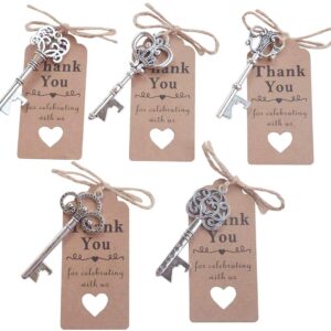 50 Pcs Silver Skeleton Key Beer Bottle Opener With 100 Pcs Thank You Card and 98 Feet Hemp Rope for Wedding Party Favors (50pcs Silver)