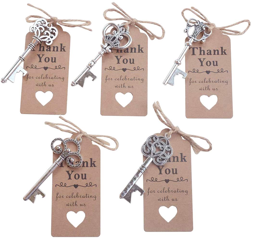 50 Pcs Silver Skeleton Key Beer Bottle Opener With 100 Pcs Thank You Card and 98 Feet Hemp Rope for Wedding Party Favors (50pcs Silver)