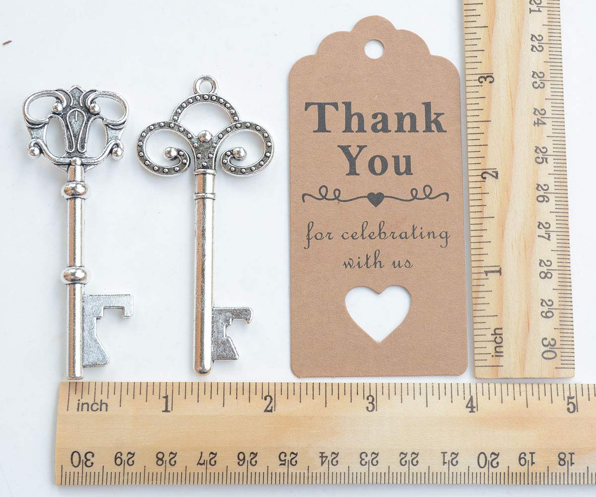 50 Pcs Silver Skeleton Key Beer Bottle Opener With 100 Pcs Thank You Card and 98 Feet Hemp Rope for Wedding Party Favors (50pcs Silver)