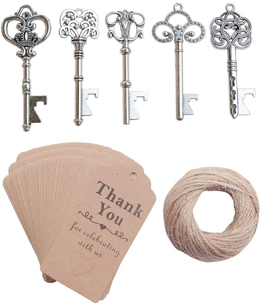 50 Pcs Silver Skeleton Key Beer Bottle Opener With 100 Pcs Thank You Card and 98 Feet Hemp Rope for Wedding Party Favors (50pcs Silver)