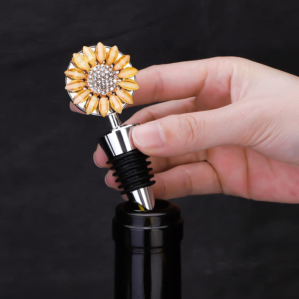 Soleebee 1 Pack Decorative Wine Stoppers, Delicate Diamond-Studded Wine Stopper with Animal and Plant Motifs, Reusable Beverage Bottle Stoppers for Bar, Party, Kitchen Decor (Sunflower)