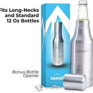 The Original Insul8 Beer Bottle Cooler | Double Wall Insulated Beer Bottle Holder Stainless Steel Fits 12 oz. Long-Neck and Standard Bottles | Bonus Bottle Opener Keyring and Gift Box