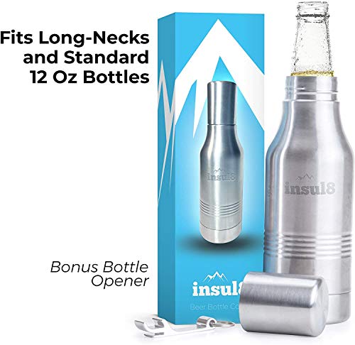 The Original Insul8 Beer Bottle Cooler | Double Wall Insulated Beer Bottle Holder Stainless Steel Fits 12 oz. Long-Neck and Standard Bottles | Bonus Bottle Opener Keyring and Gift Box