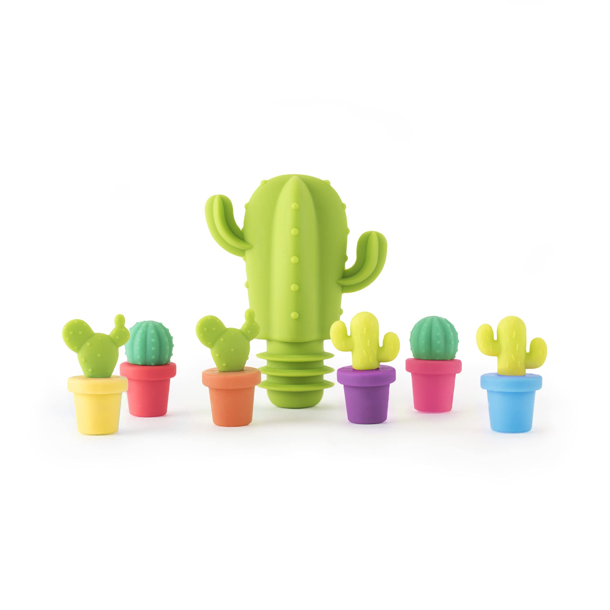 TrueZoo Cactus Wine Glass Charms and Drink Markers with Bottle Stopper - Wine Accessories - Multi Color Set of 7