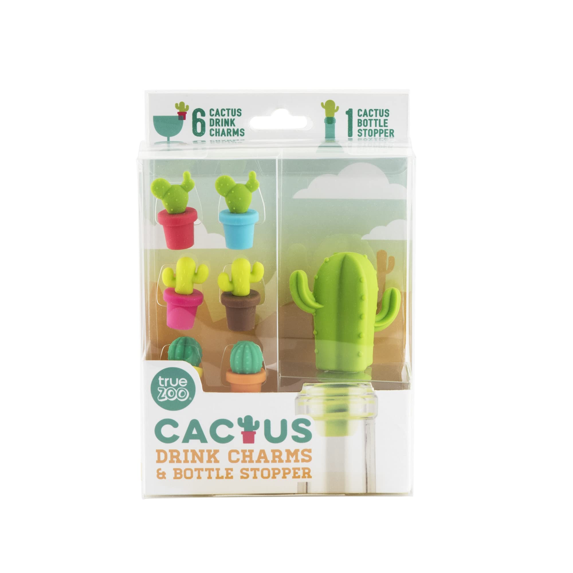 TrueZoo Cactus Wine Glass Charms and Drink Markers with Bottle Stopper - Wine Accessories - Multi Color Set of 7