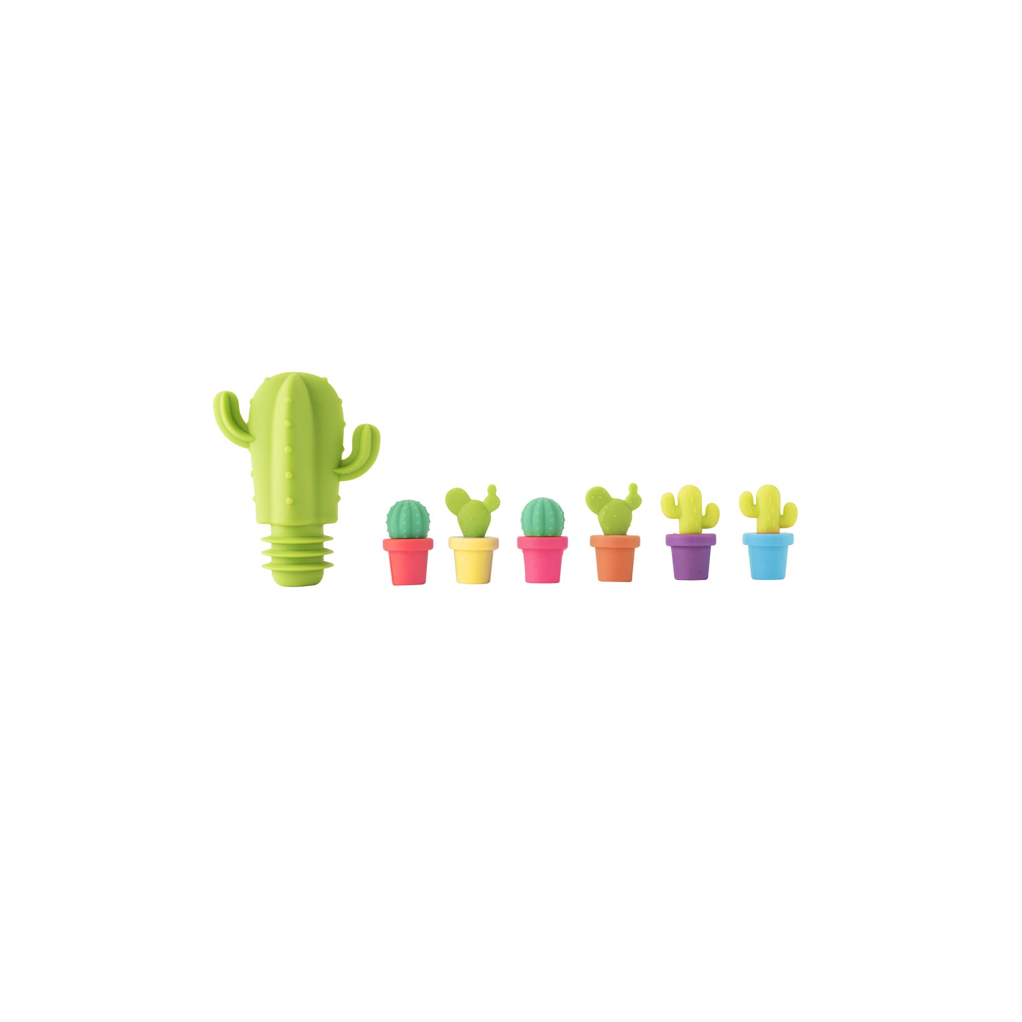 TrueZoo Cactus Wine Glass Charms and Drink Markers with Bottle Stopper - Wine Accessories - Multi Color Set of 7